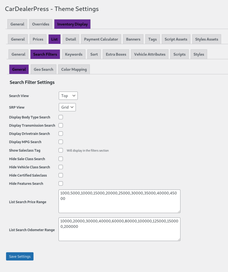Inventory Display - List - Search Filters - CarDealerPress